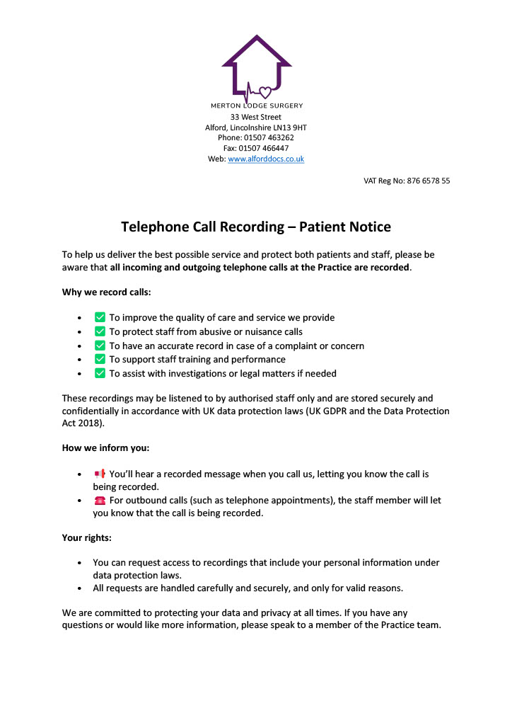Call Recording Patient Notice – Merton Lodge Surgery